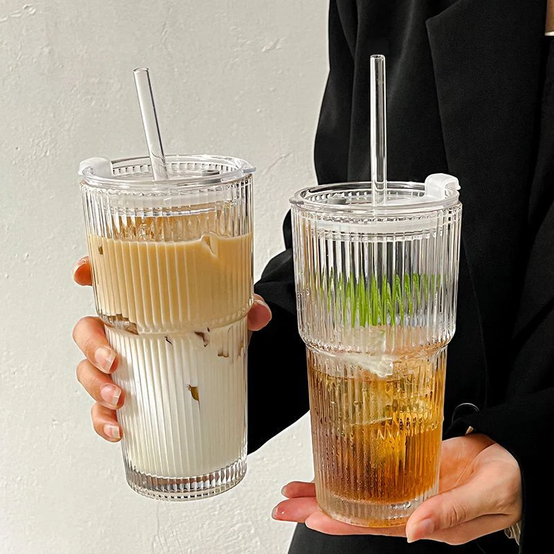 600ML-Stripe-Glass-Coffee-Cup-With-Lid-and-Straw-Transparent-Drinking ...