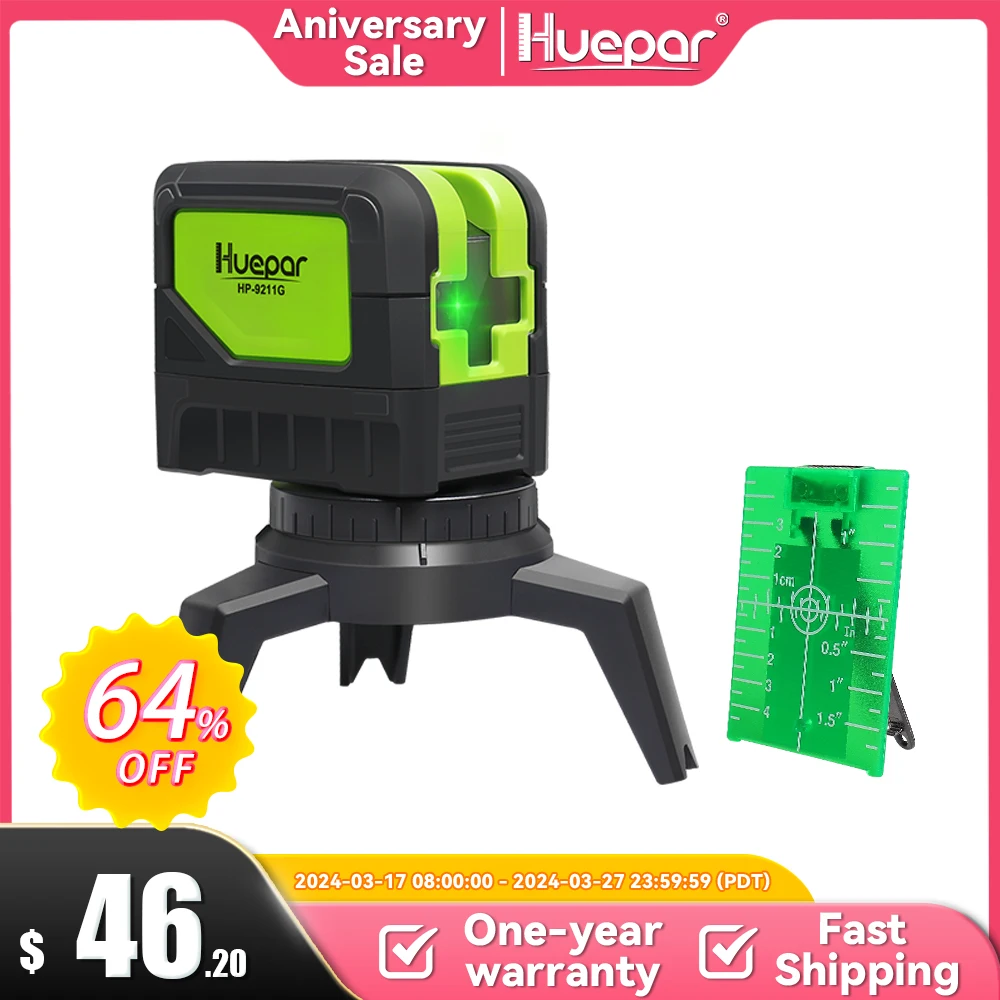 Huepar-Cross-Line-Laser-Level-with-2-Plumb-Dots-9211G-Green-Beam-180 ...