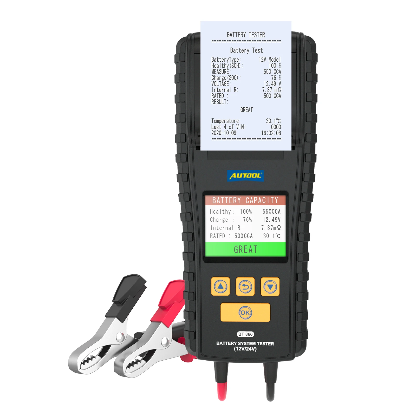AUTOOL BT860 Automotive Battery Tester With Printer Car Charger 24V 12 ...