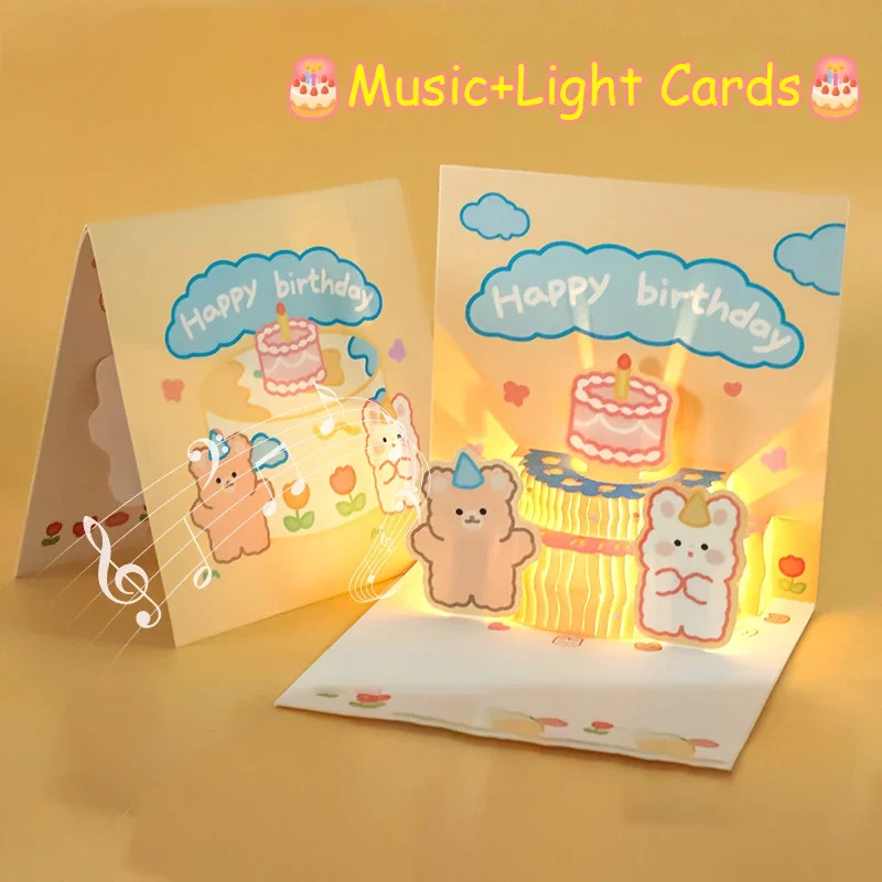 3D Pop Up Light Music Birthday Card Cute Bear Cake Greeting Cards Happy ...