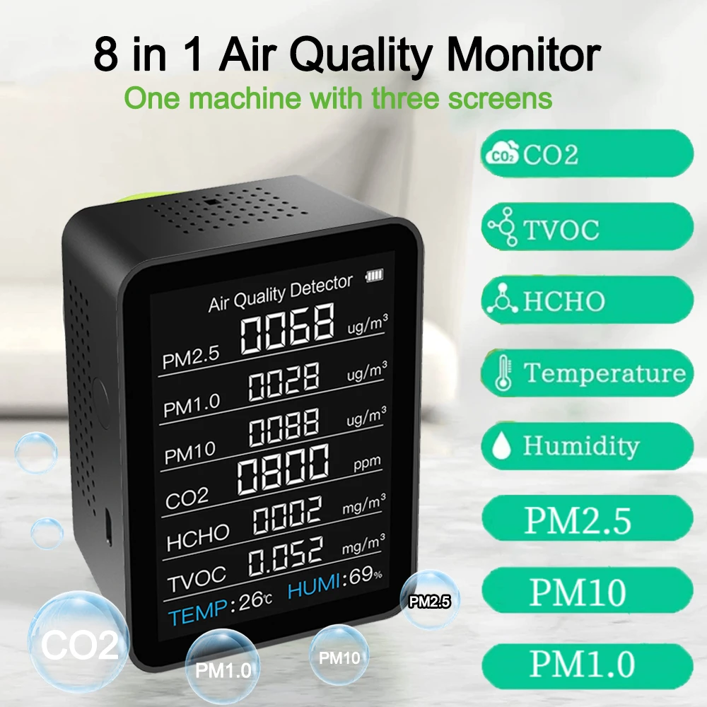 8 In 1 Smart Air Quality Monitor Pm2.5 Pm1.0 Pm10 Hcho Tvoc Co2 ...
