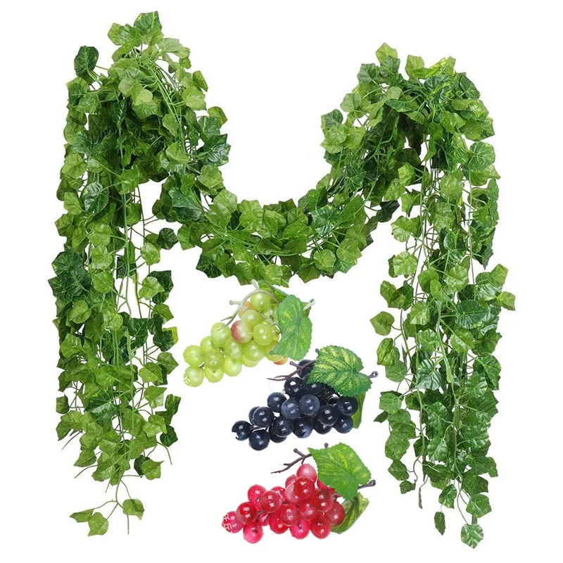 12-Strands-Artificial-Fake-Grape-Vines-Ivy-Leaves-With-3-Strings-Grapes ...
