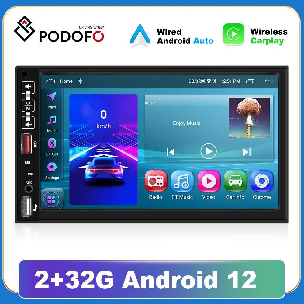 Podofo 2Din GPS Car Radio 7'' Touch Screen Android 12 Car Stereo MP5 ...