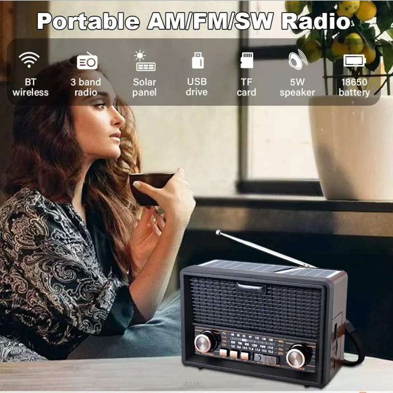 Solar Retro Mini FM AM SW Multi-band Radio Wireless Bluetooth USB TF ...