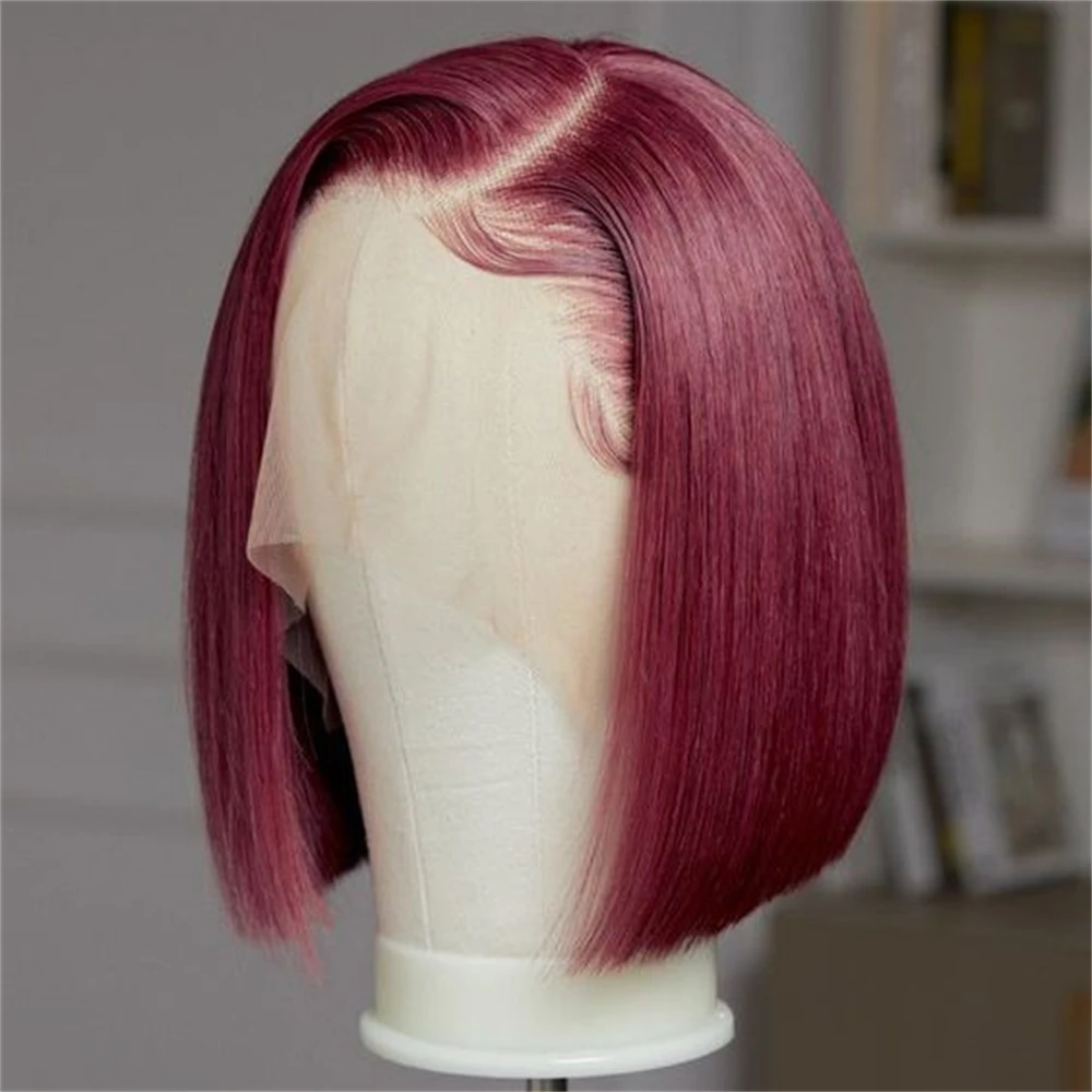 13x4 Lace Frontal Human Hair Bob Wigs 99J Red Burgundy Colored ...