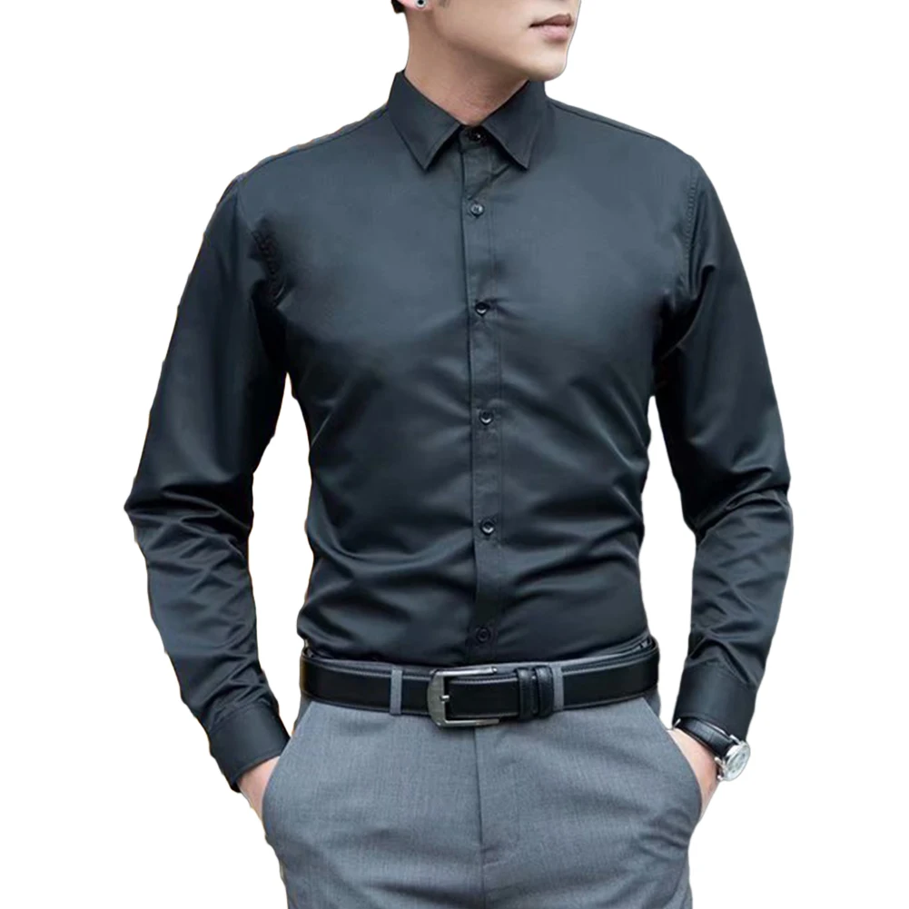 Men-s-Formal-Business-Shirts-And-Blouses-Solid-Color-Long-Sleeve-Slim ...