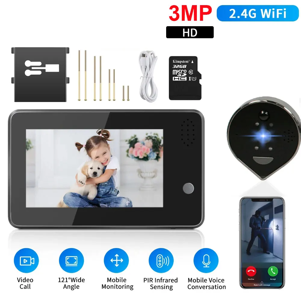 3MP Smart Peephole Doorbell Camera wifi 4.3 Inch Video Door bell Night ...