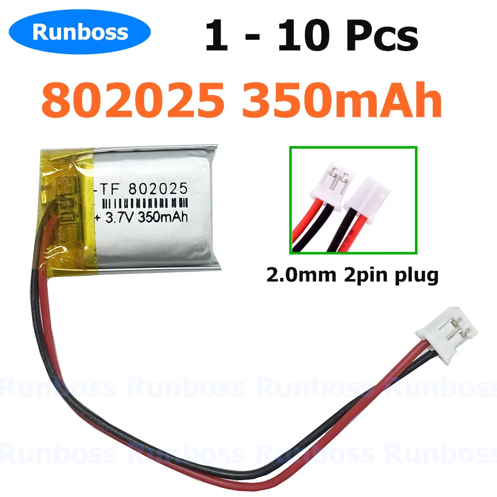 1-10Pcs 3.7V 350mAh Polymer Lithium Battery 802025 2.0mm 2pin For LED ...