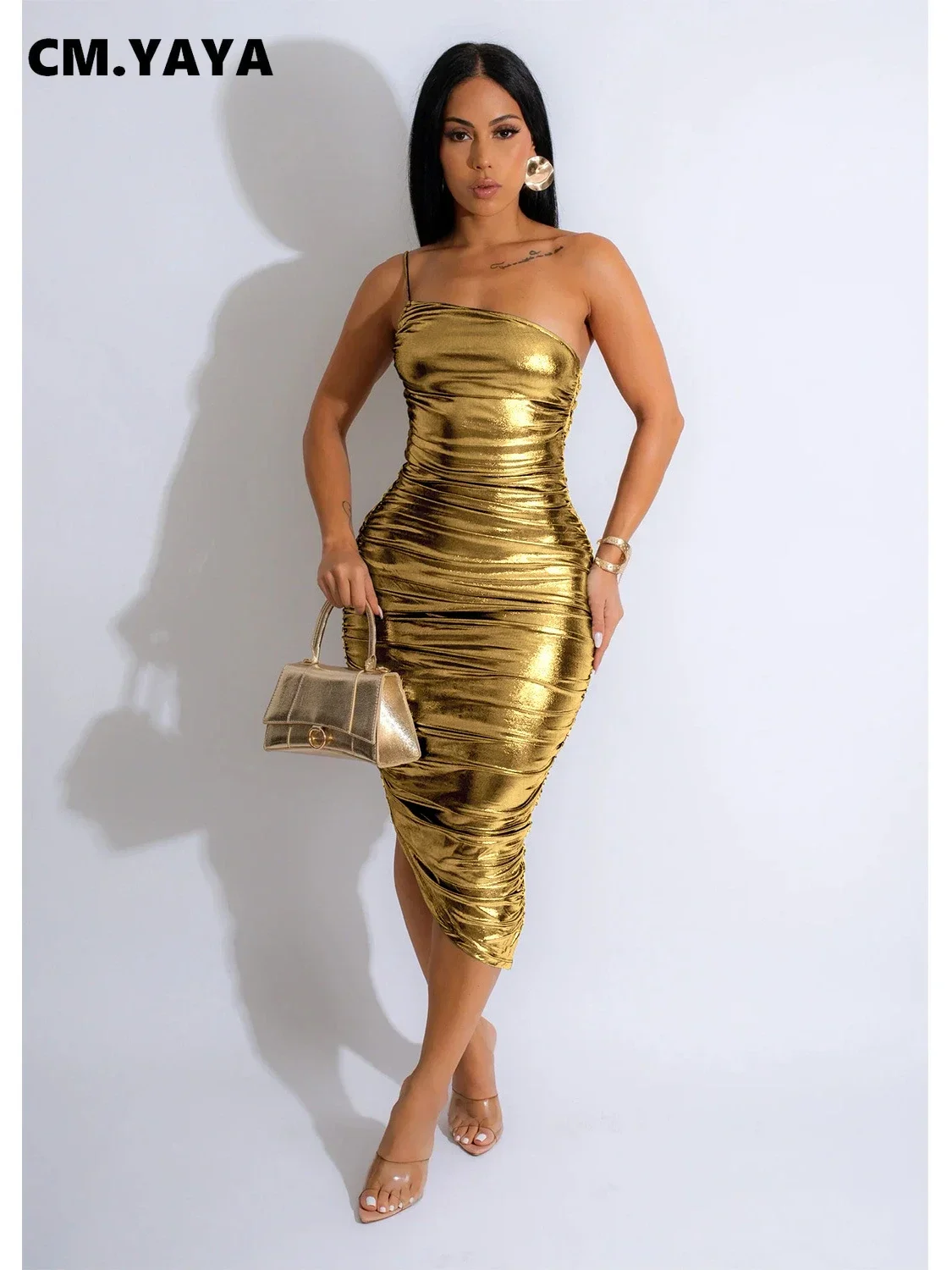 CM-YAYA-Women-One-Shoulder-Strap-Ruched-Gilding-Sleeveless-Bodycon-Midi-Dress-2023-Autumn ...