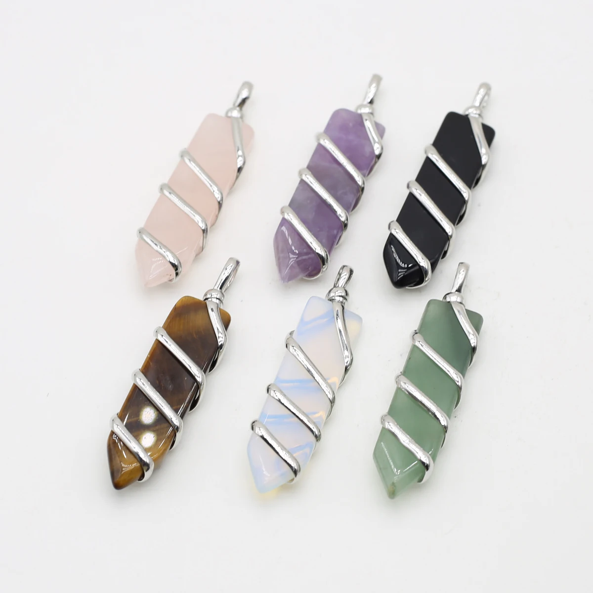 Opala rosa quartzo ametista pedra natural pêndulo coluna hexagonal prata pingente jóias fazendo ...