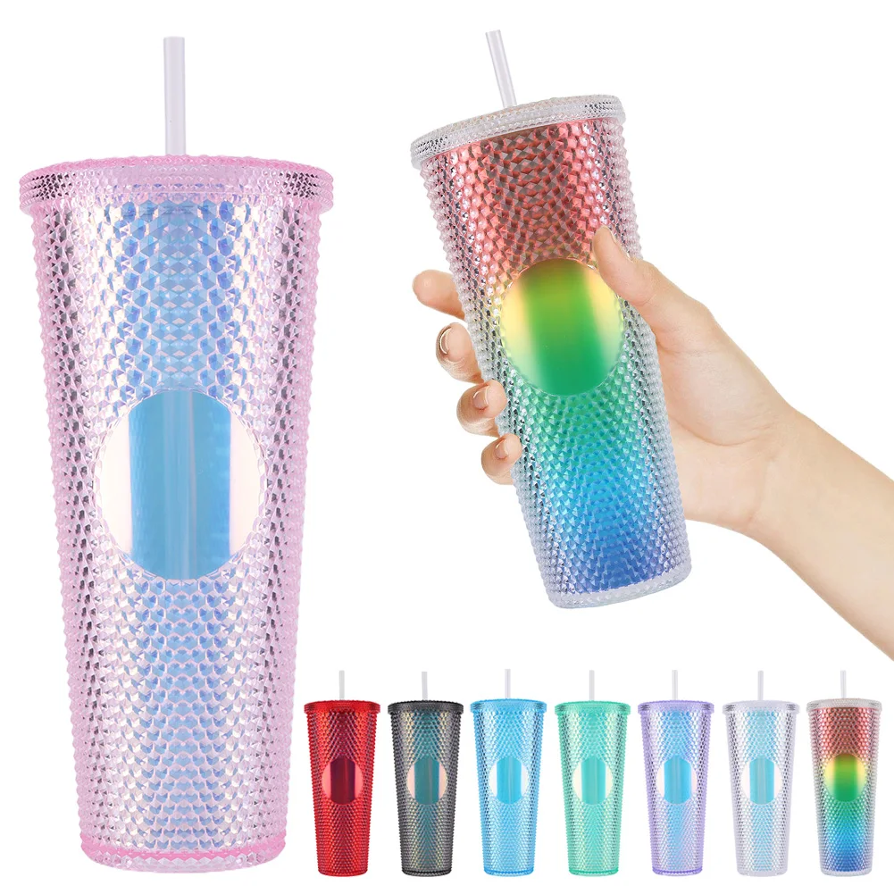 710ml-Plastic-Straw-Cup-Rhinestone-Rivet-Cup-Double-Walled-Travel-Mug ...