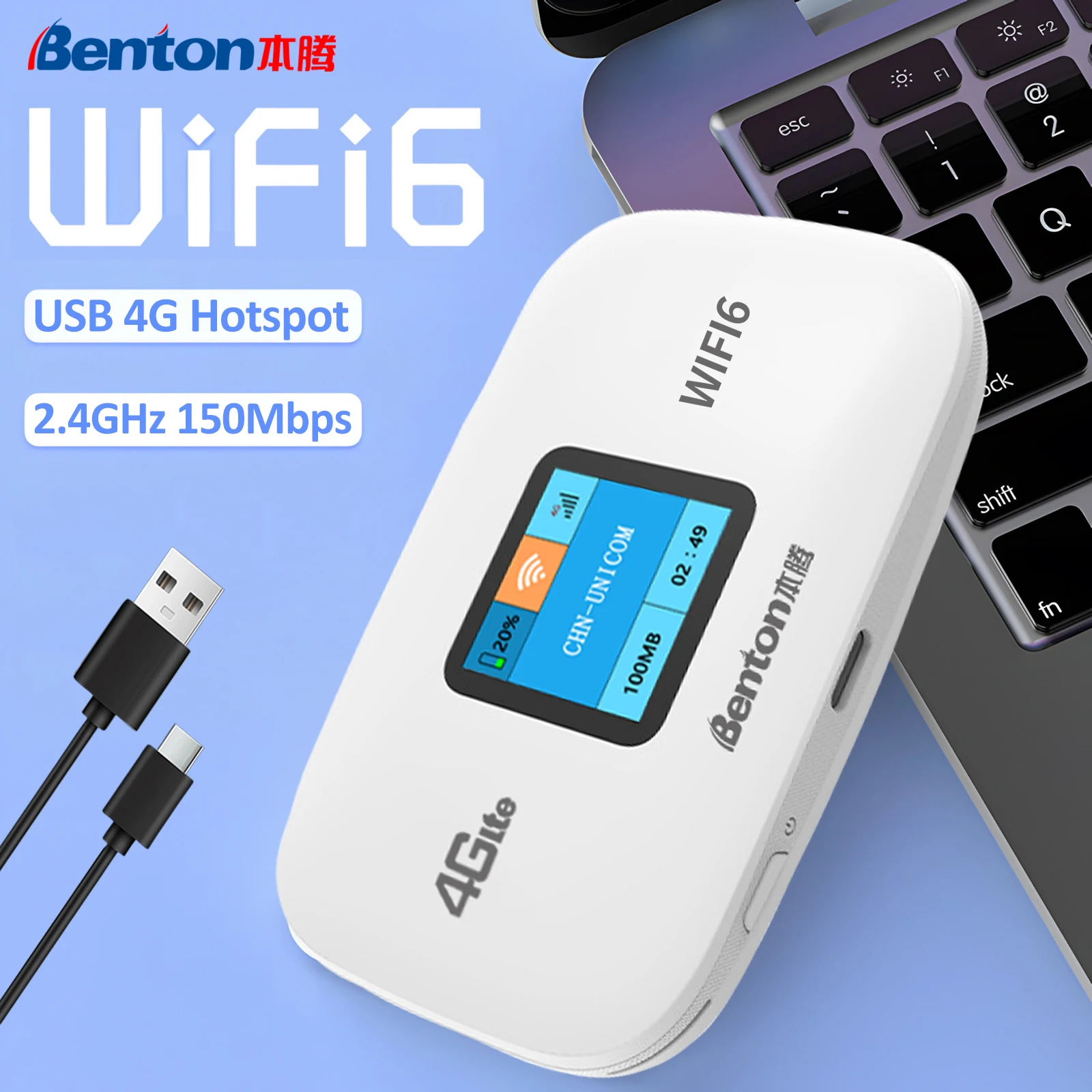 Benton MiFi WiFi6 802.11ax Portable WiFi Router 150Mbps USB Battery ...