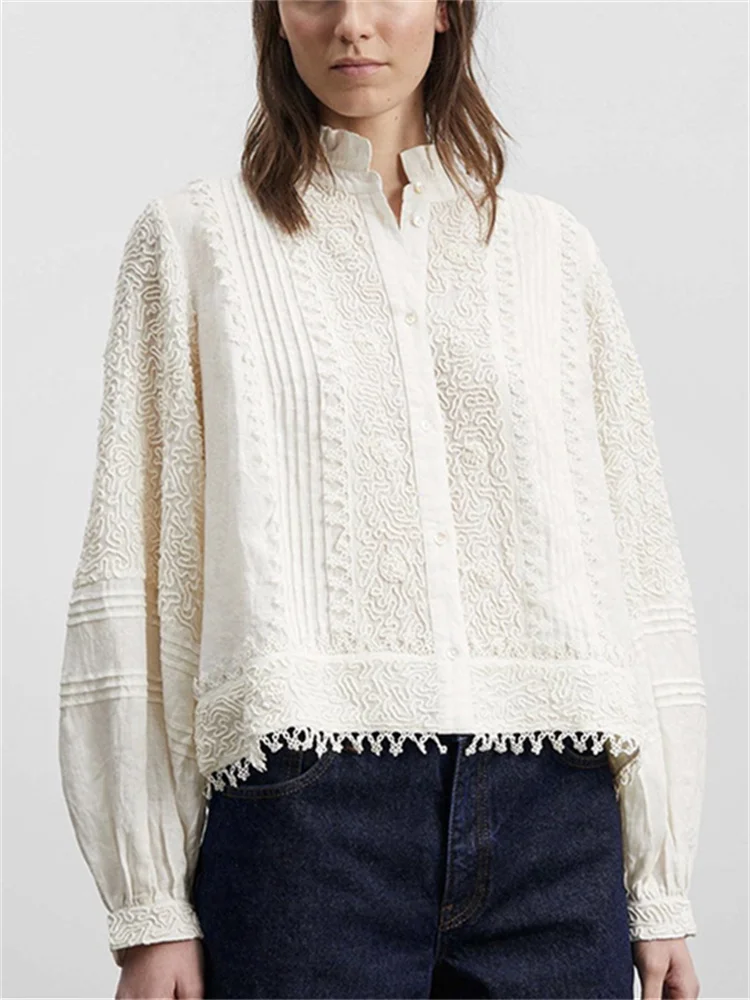 Damen-exquisite-Stickerei-Hemd-wei-lange-Puff-rmel-Retro-Vintage-R ...