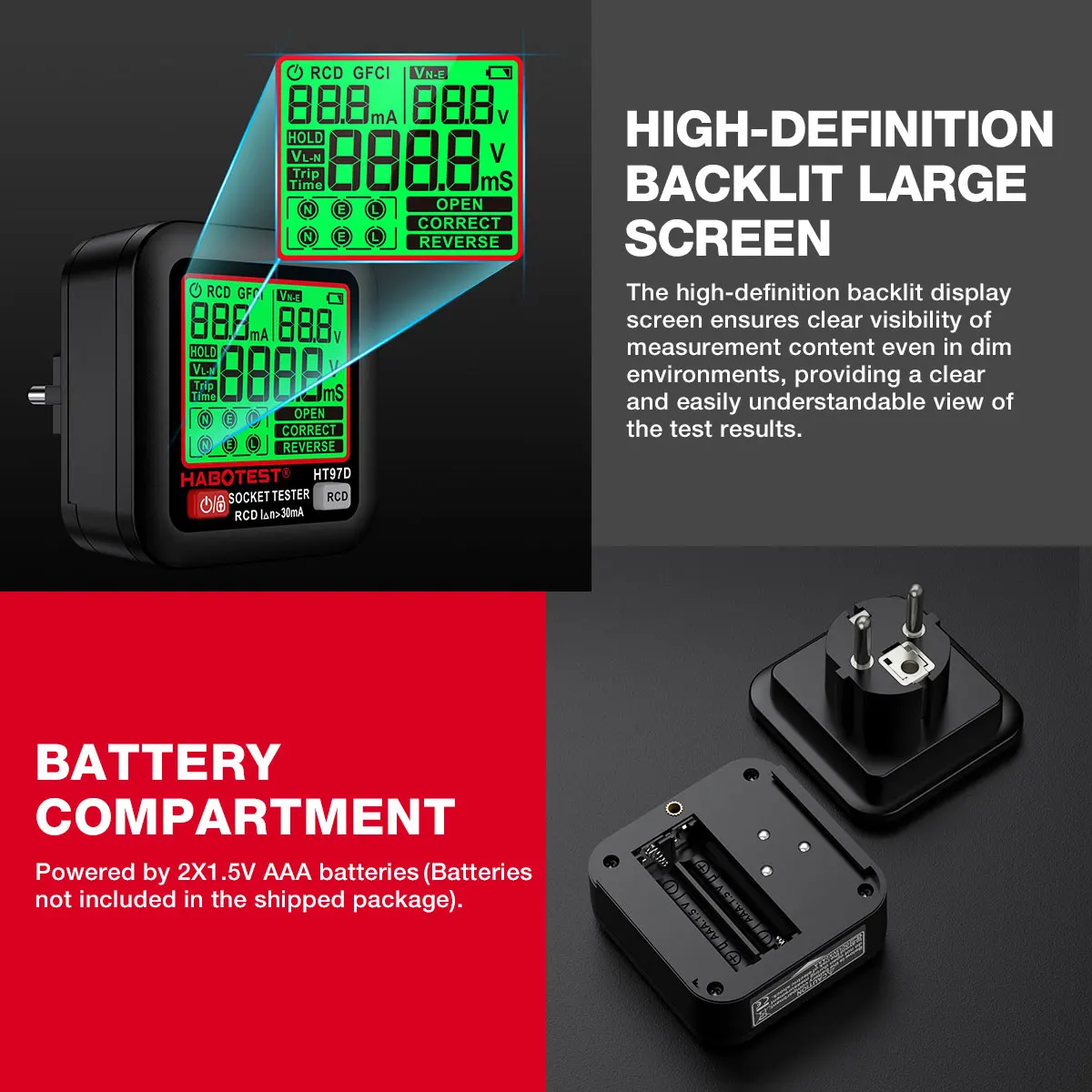 HABOTEST Digital Socket Tester HT97, smart voltage detector RCD GFCI ...