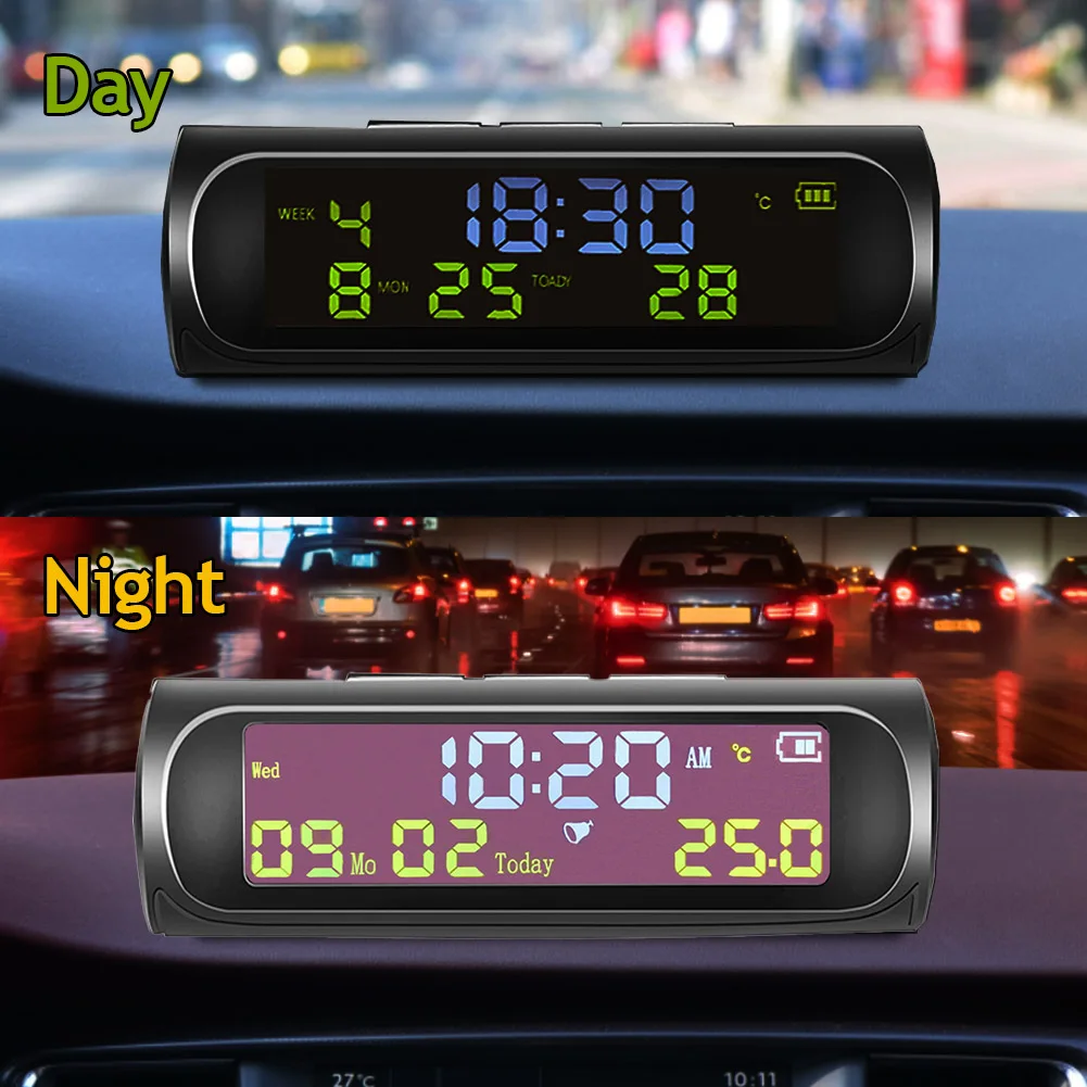 Solar-Car-Digital-Clock-With-LCD-Time-Date-In-Car-Temperature-Display ...