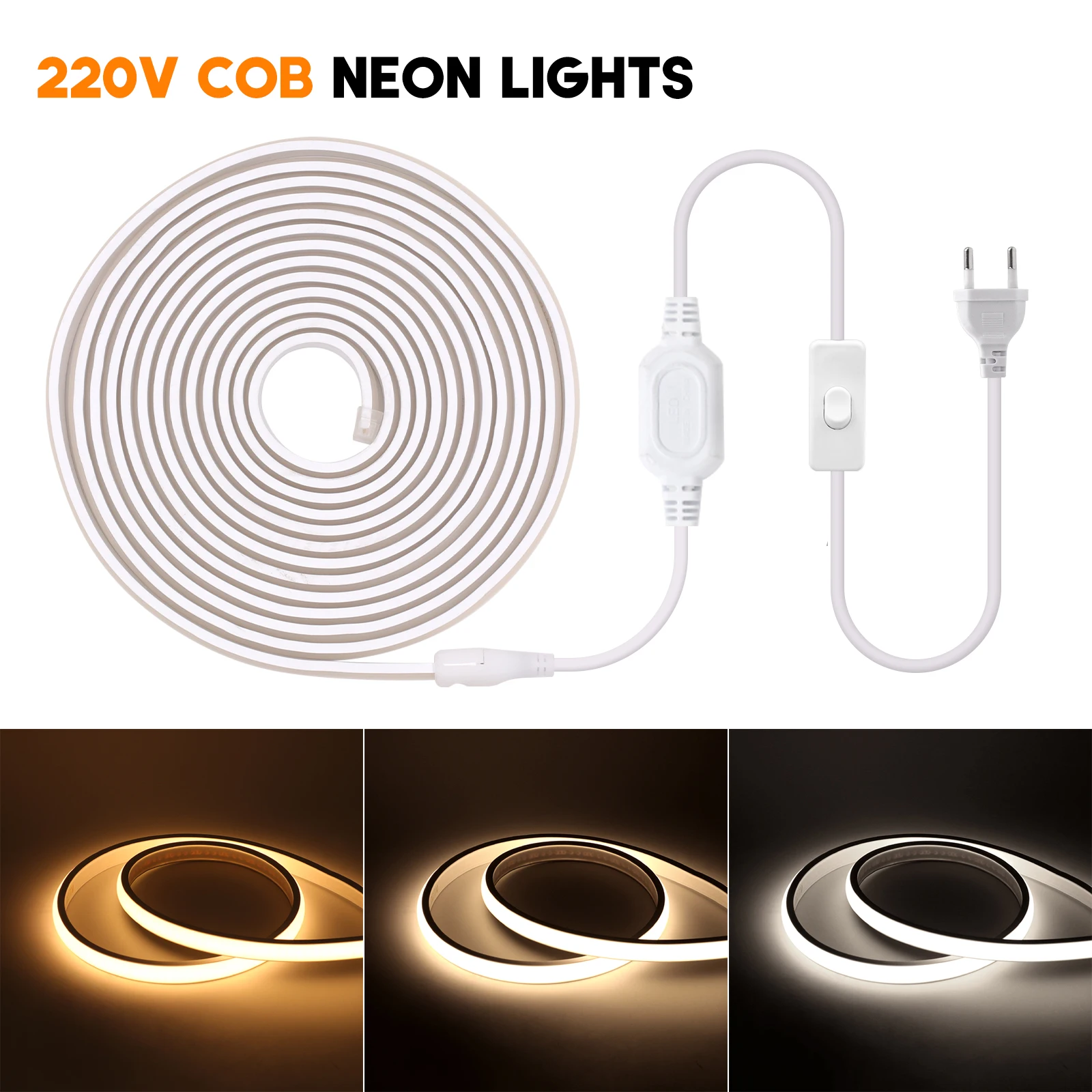 Tira de luces LED COB con interruptor, cinta de 288LEDS/M, 220V ...