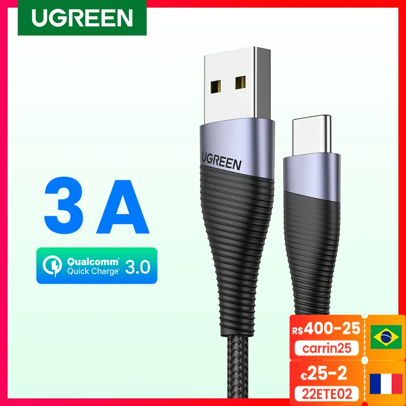 UGREEN Cable USB tipo C de carga rápida para móvil, cargador para Samsung Galaxy S10, S9, S8 ...