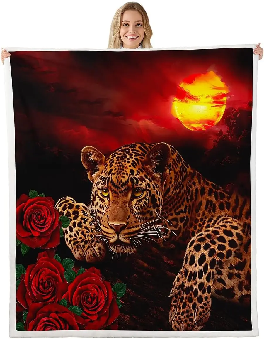 Leopard with Roses Blanket Wildlife Art Fleece Throw Sunset Background ...