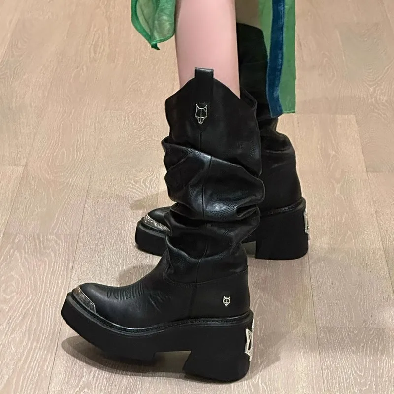 Woman-Embroidered-V-Mouth-Knight-Boots-Retro-Pleated-Thick-Sole-Knee ...