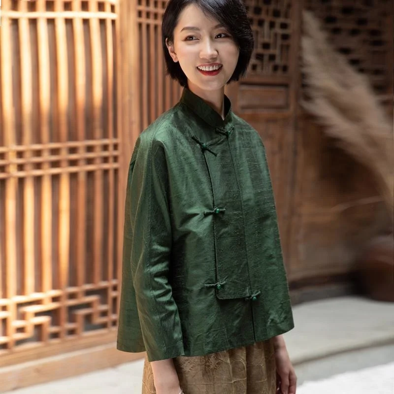 Dark Green Chinese Collar Long Sleeves Ethnic Style Shirt Women ...