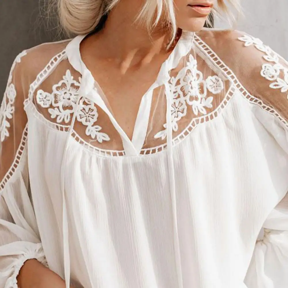 Casual-Women-Blouse-Flower-Pattern-Embroidery-Lace-Patchwork-V-neck ...