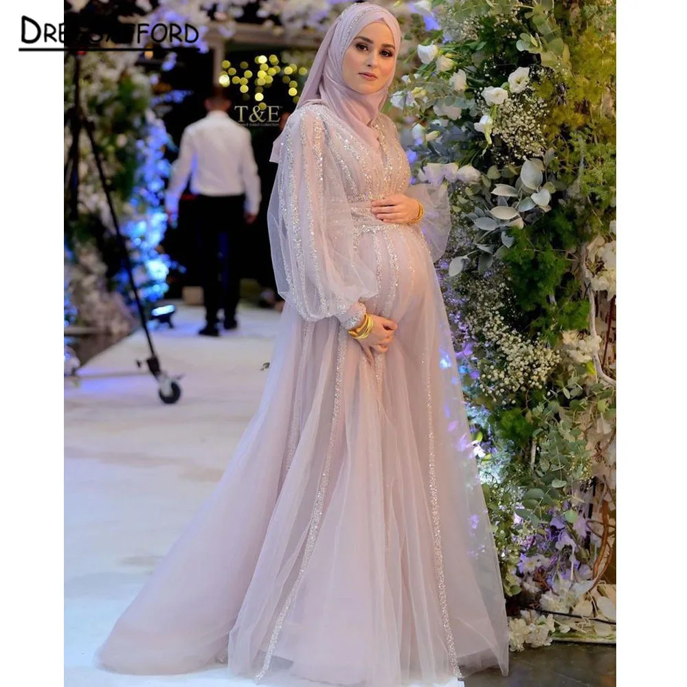 Muslim Pink Luxury Long Sleeves Evening Dress Pearls Crystal Lace ...