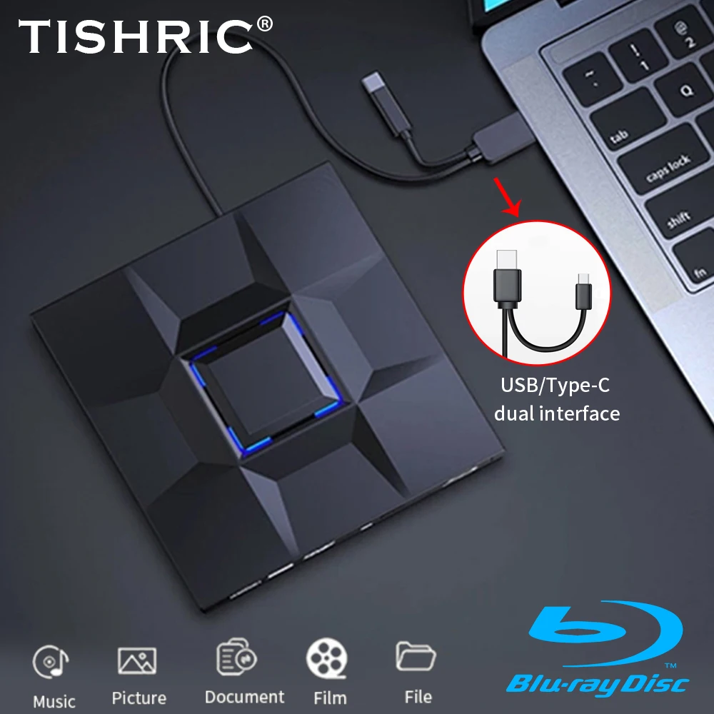 TISHRIC 외장 CD 플레이어, 블루레이 드라이브, USB 3.0 및 C타입 블루레이 버너 라이터, 슬림 BD CD DVD ...