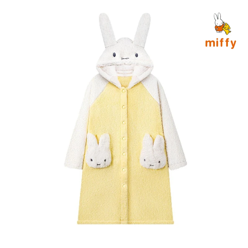 Kawaii Miffy Pajamas Cartoon Long Length Coral Fleece Loungewear Winter ...