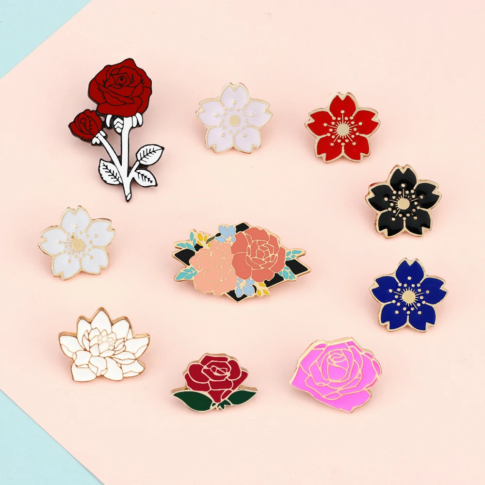 Romantic-Flower-Series-Enamel-Pins-Sweet-Red-Rose-Cherry-Blossom-Lotus ...