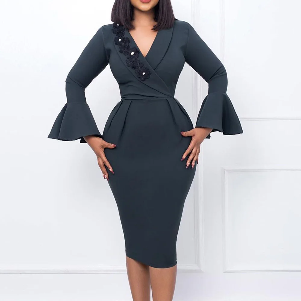 Robe-de-bureau-professionnelle-l-gante-pour-femme-col-en-V-manches-vas ...