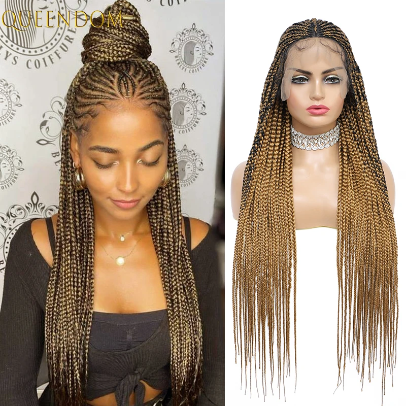 36 Inches Box Braided Lace Front Wigs With Baby Hair Ombre Blonde ...