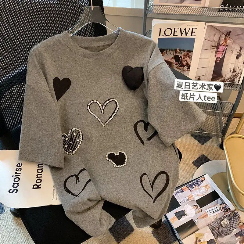 Grey Pure Cotton T-Shirts For Women Rhinestone Decor t-shirt Casual ...