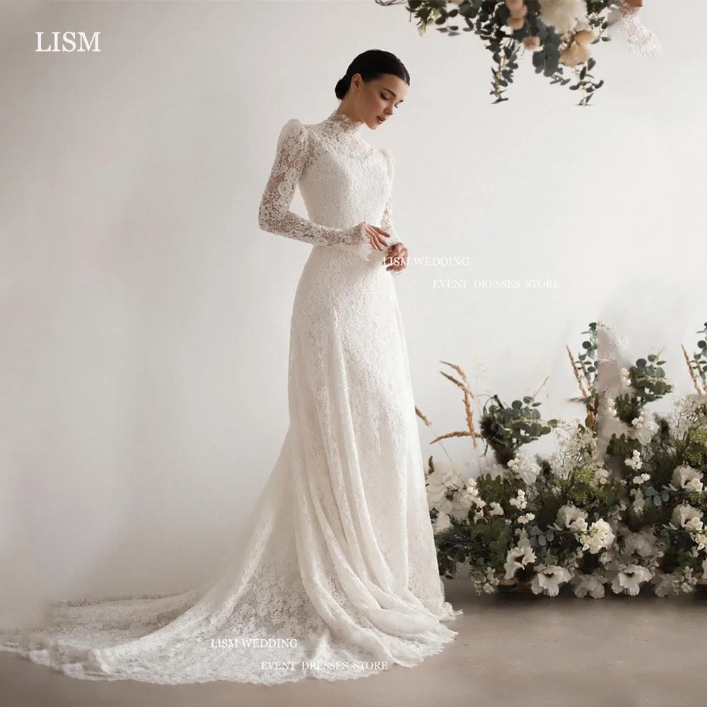 LISM Vintage Lace Wedding Dresses High Neck Long Sleeves Mermaid Floor ...