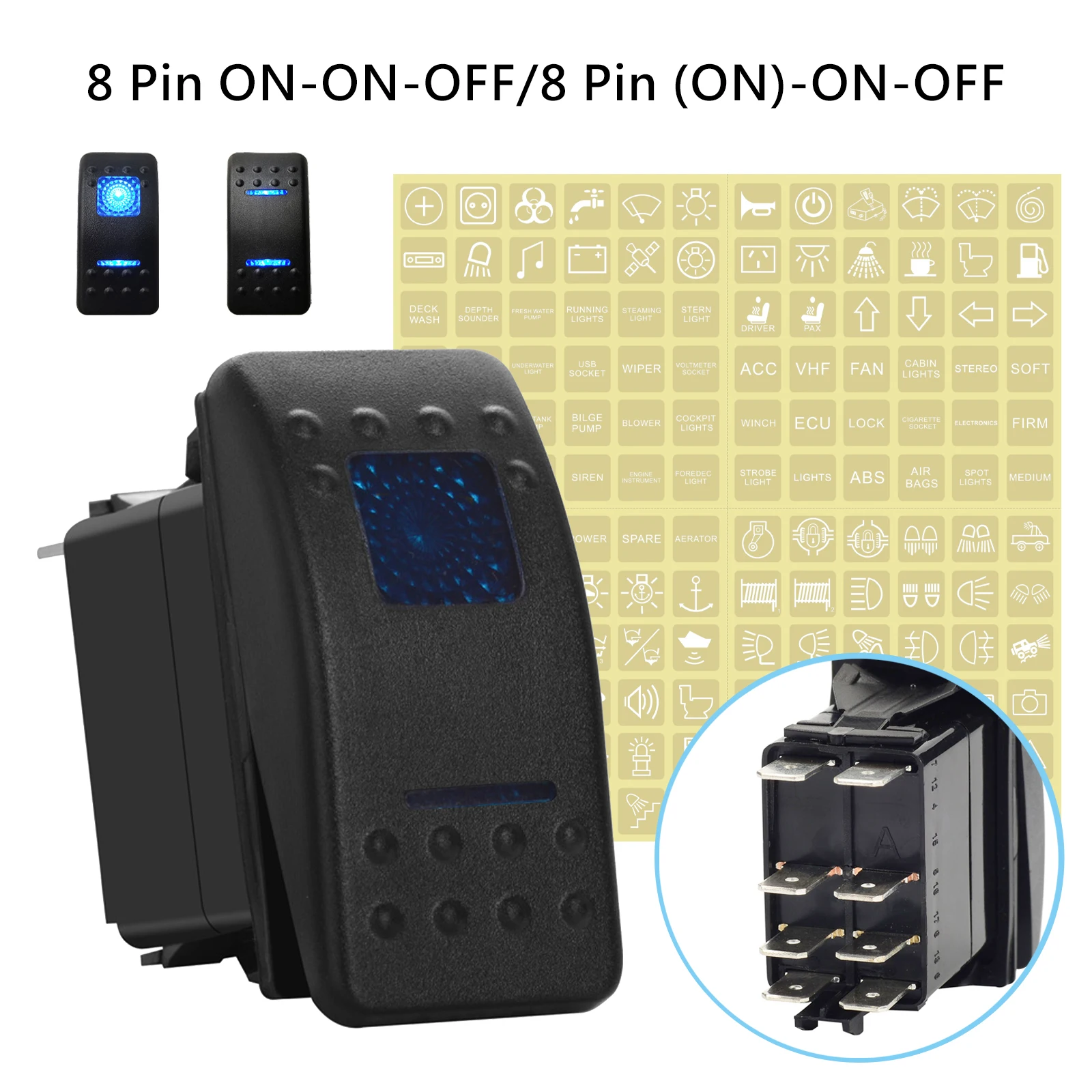 12V Blue Led 8 Pin ON-ON-OFF Rocker Switch 3 Way DPDT Switch Windshield ...