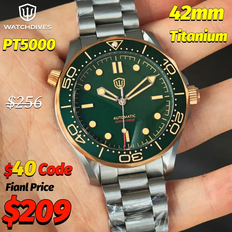 Watchdives WD007 V4 42Mm Titanium Automatic Dive Watch Green Dial 007 ...