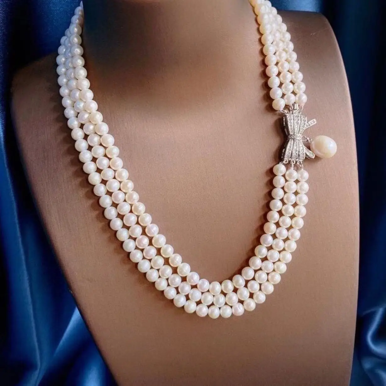 Vintage-South-Sea-Three-Row-Necklace-18-20-Inch-Genuine-5-6mm-Real ...