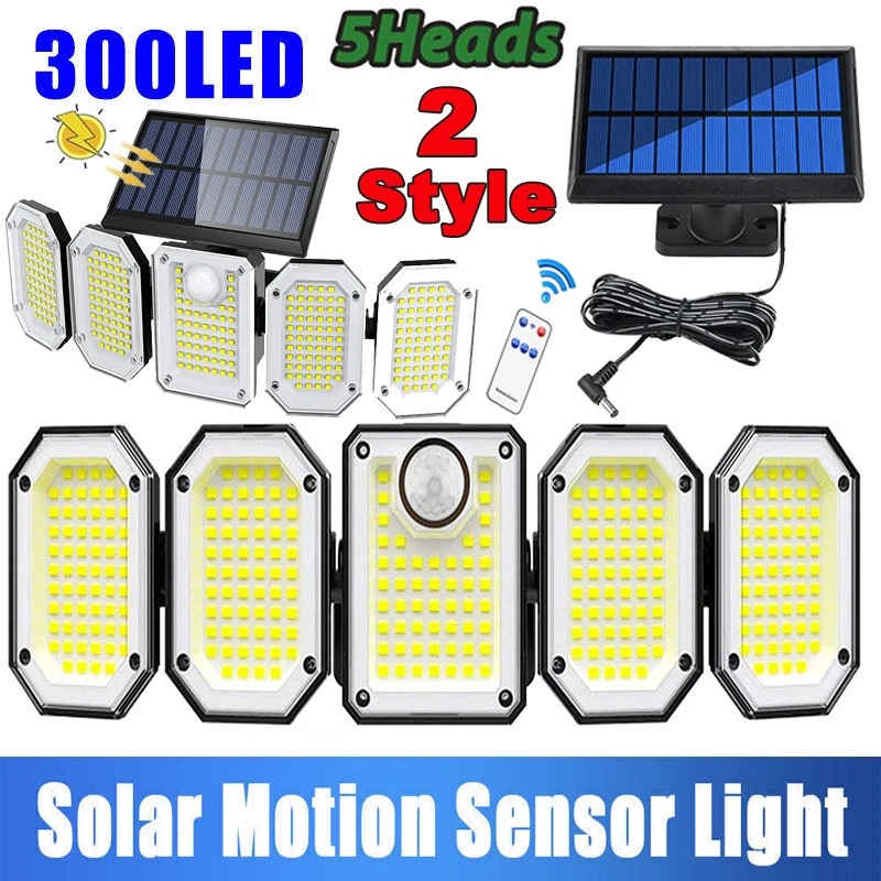 5 Heads Solar 300 Led Light Outdoor Motion Sensor Waterproof Wide-angle ...