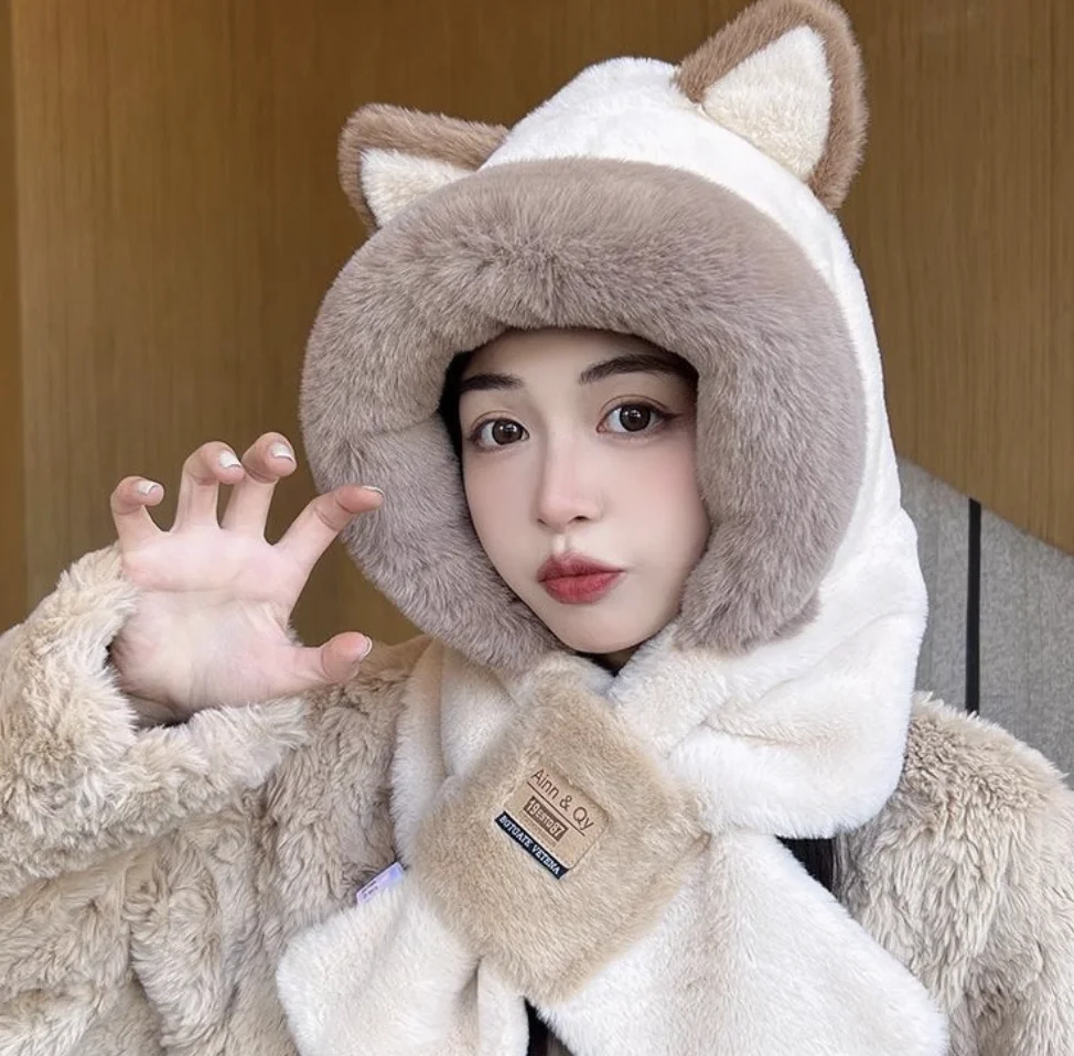 Hat-Scarf-One-Woman-Winter-All-Cute-Fluffy-Hat-Warm-Winter-Thickened ...