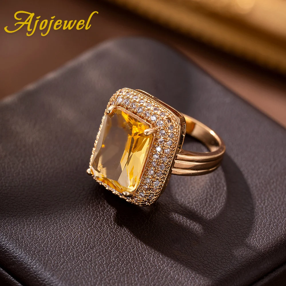 Ajojewel Big Square Yellow Stone Rings For Women Micro Pave Cubic ...