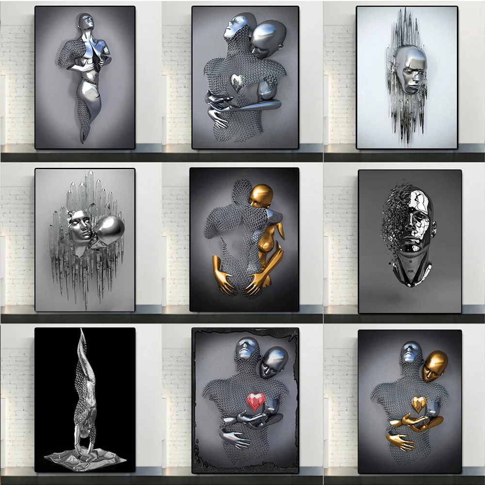 3D-Love-Heart-Grey-Art-Painting-on-Canvas-Metal-Figure-Statue-Posters ...