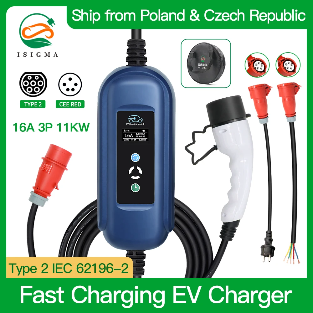 11kw Ev Charger Type2 3 Phase 16a Iec 62196 Cee Red Plug Portable ...