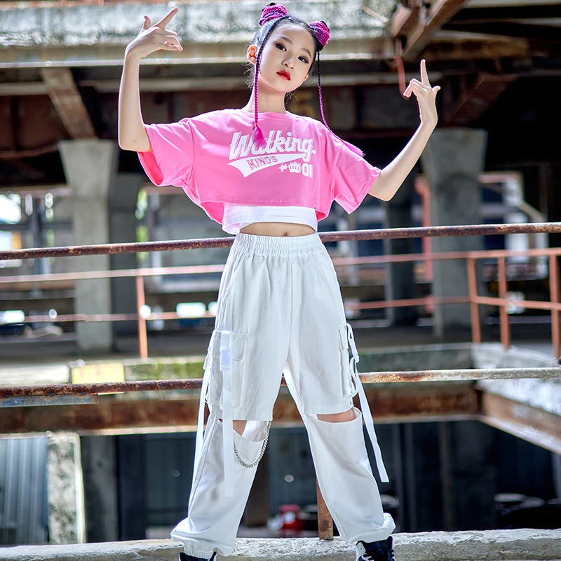 Hip Hop Girls Clothing Jazz Costume Pink Tops White Cargo Pants Kpop ...