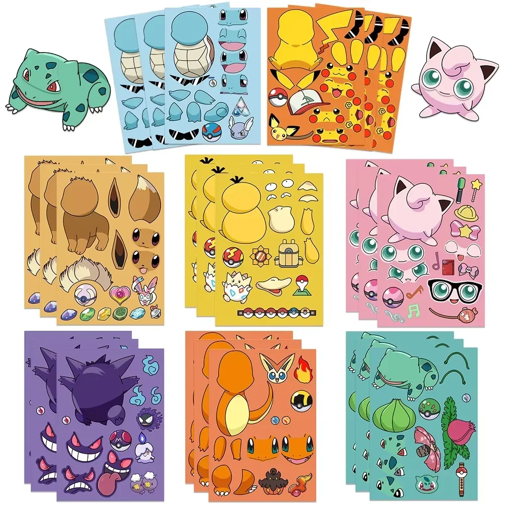 8/16 Sheets Pikachu Puzzle Stickers Pokemon Make-a-Face Decals Funny ...