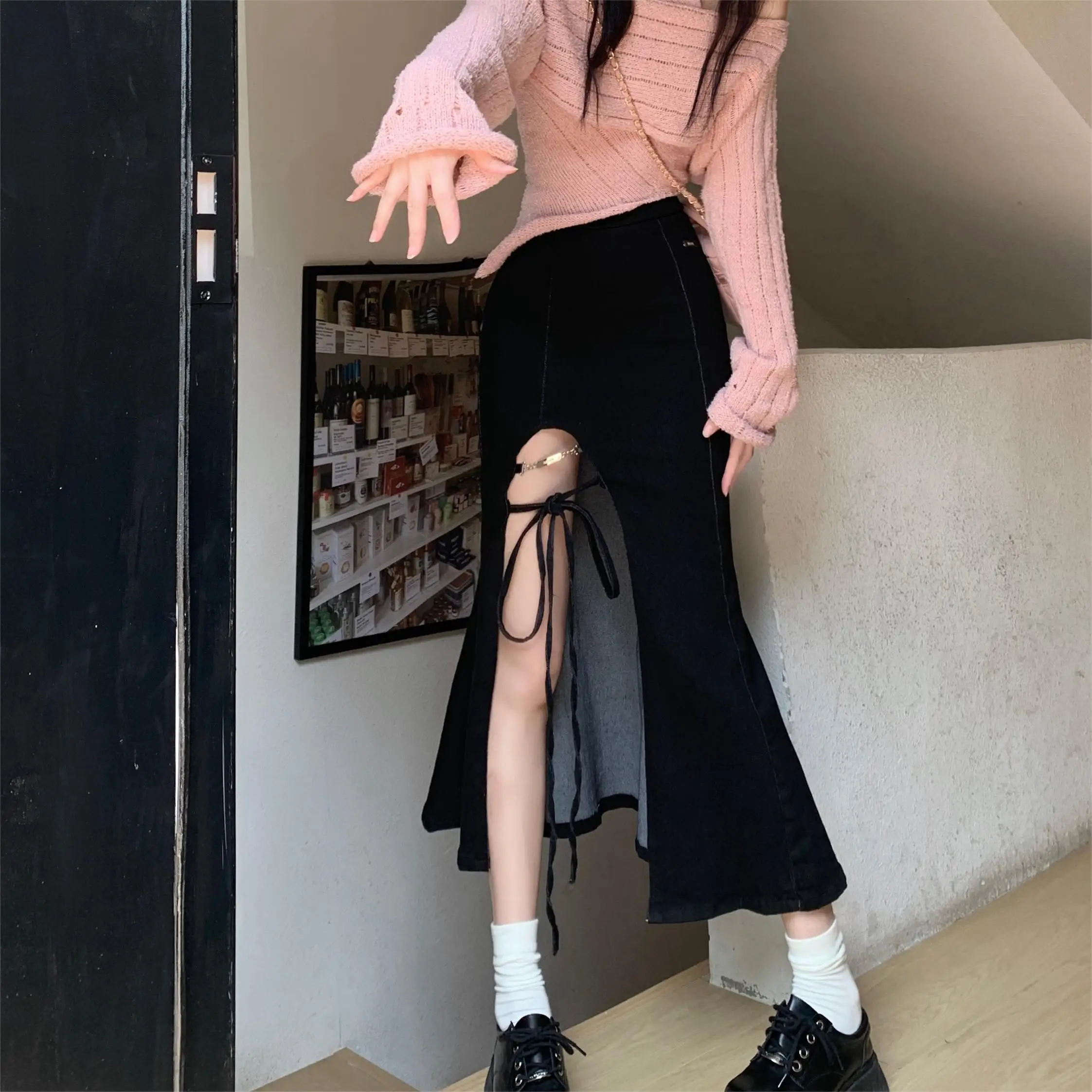 Women-Washed-Black-Denim-Maxi-Skirts-High-Waist-High-Split-Bandage ...