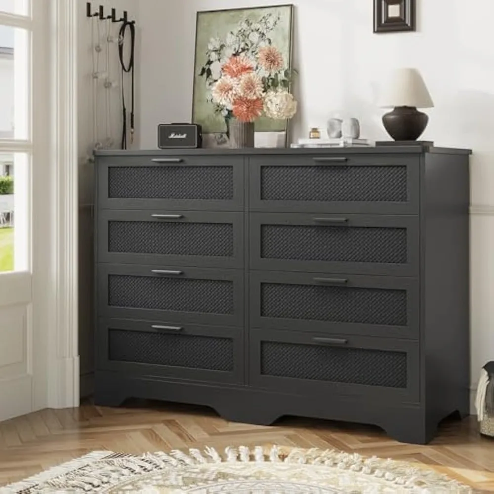 Black Dresser for Bedroom, Wide Chest of Drawers with 8 Drawers, Wood ...
