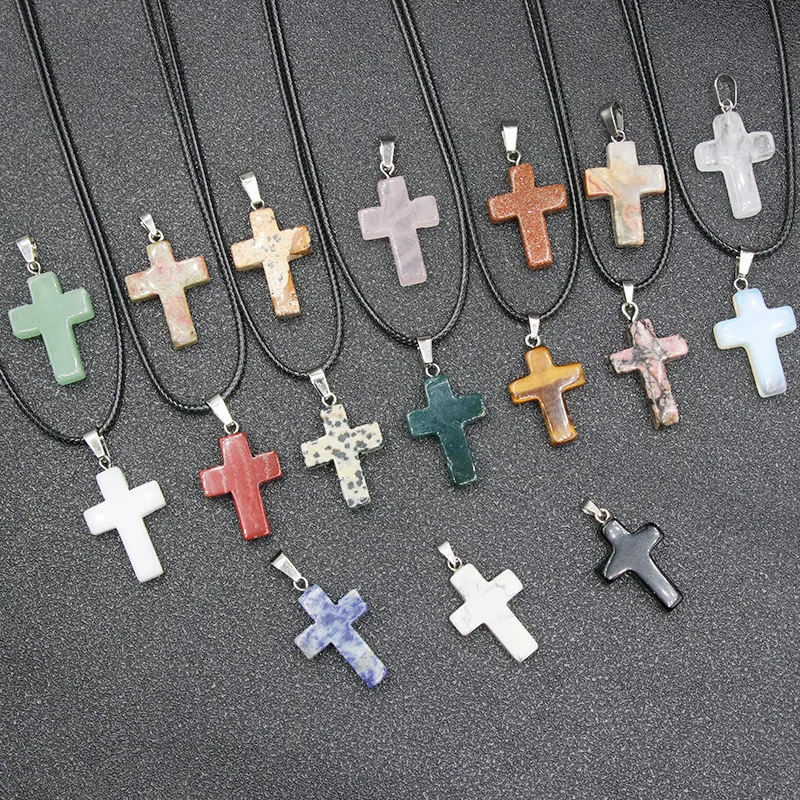 Natural-Stone-Cross-Necklace-Pendant-Healing-Crystals-Gemstone-Women ...