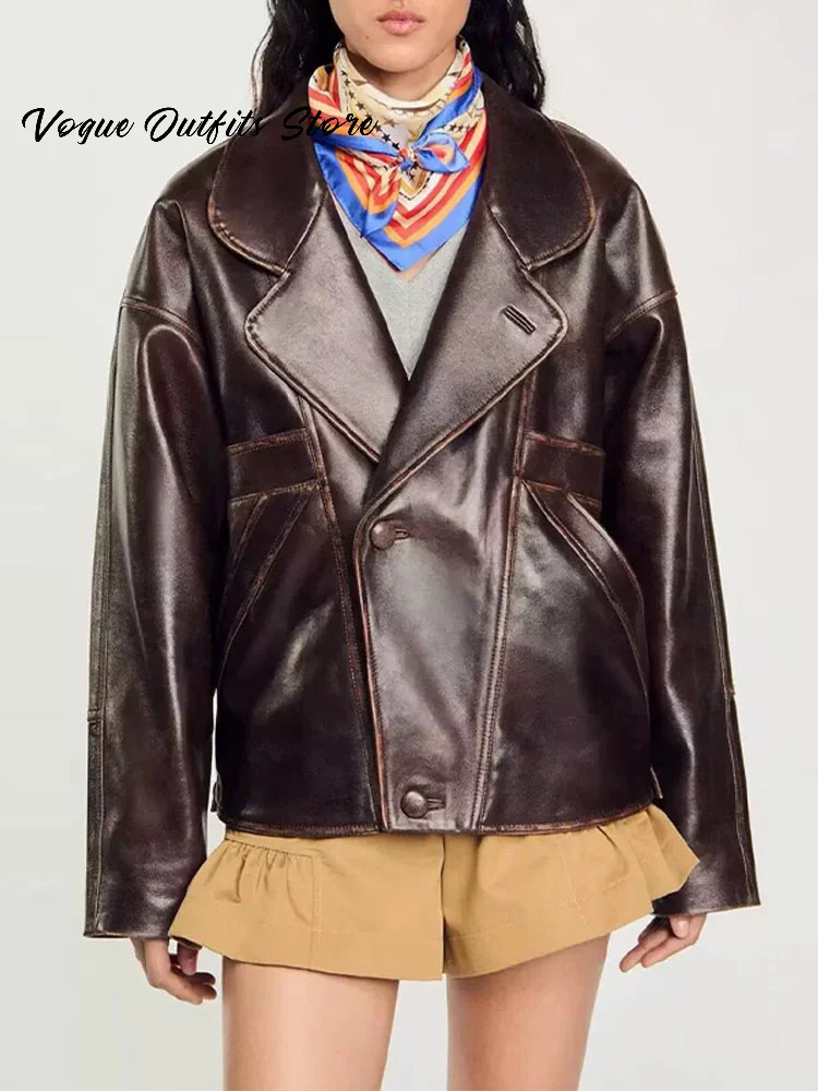 Chic Old-fashioned Short Leather Jacket Women Lapel Long Sleeve Single ...