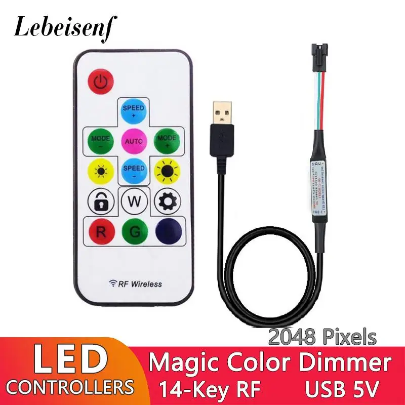 5V USB Dimmer LED Magic Color Controller 2048 Pixels 14-Key RF Wireless ...