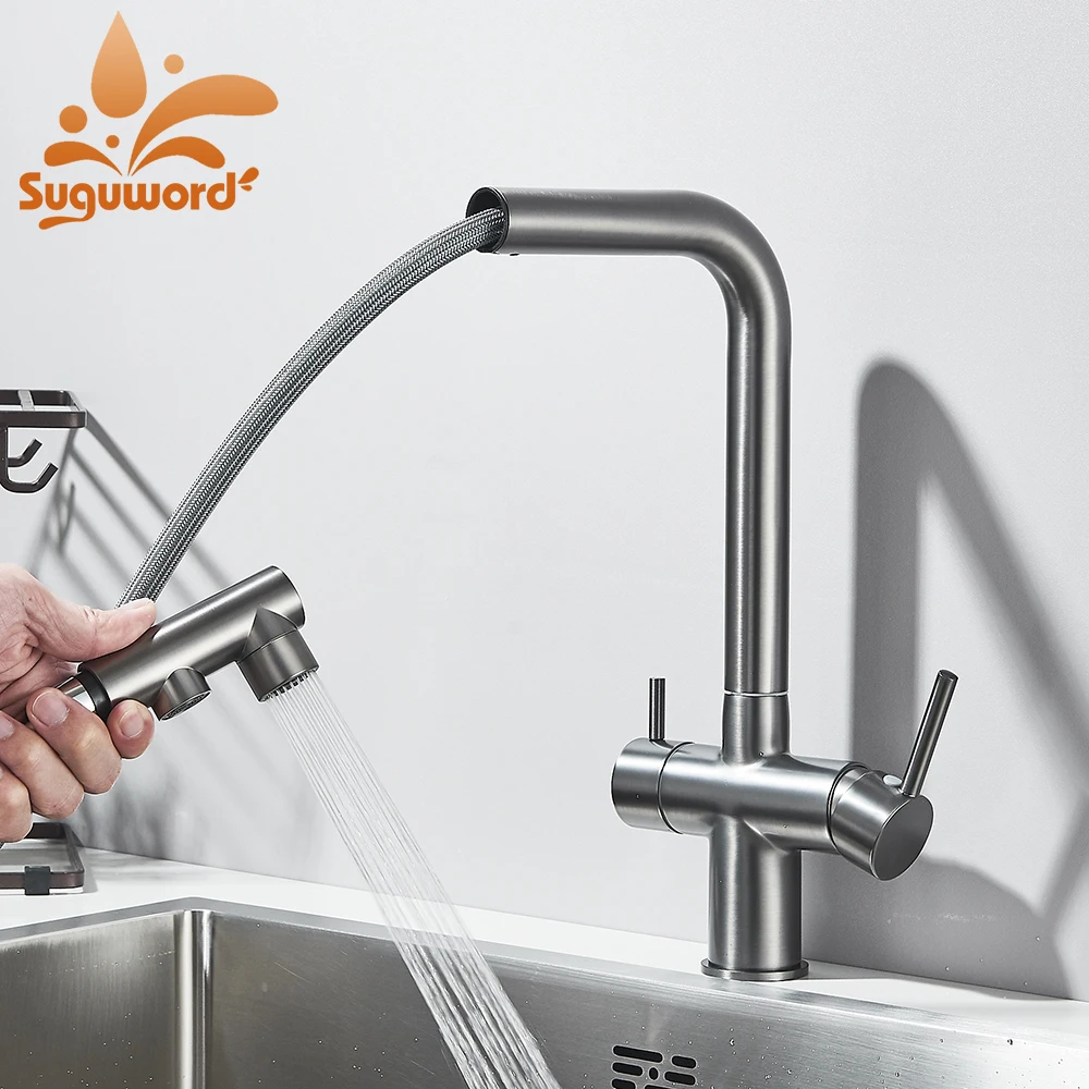 Pure-Water-Kitchen-Faucet-Pull-Out-Swivel-2-Mode-Spout-Daul-Handle-Cold ...