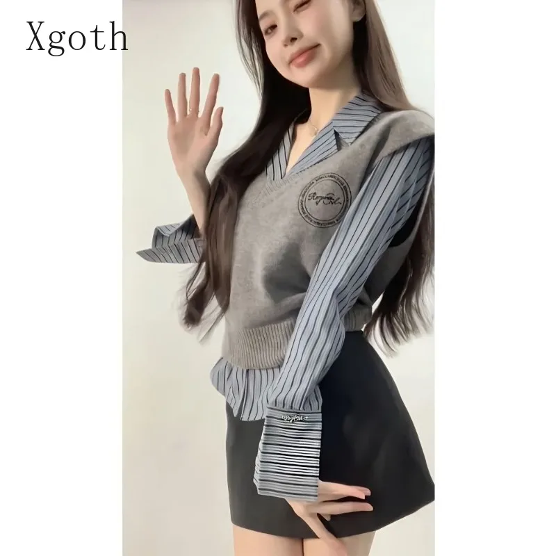 Xgoth-Two-piece-Suit-French-Striped-Lapel-Simple-Shirt-V-neck-Sleeveless-Knitted-Vest-Korean ...